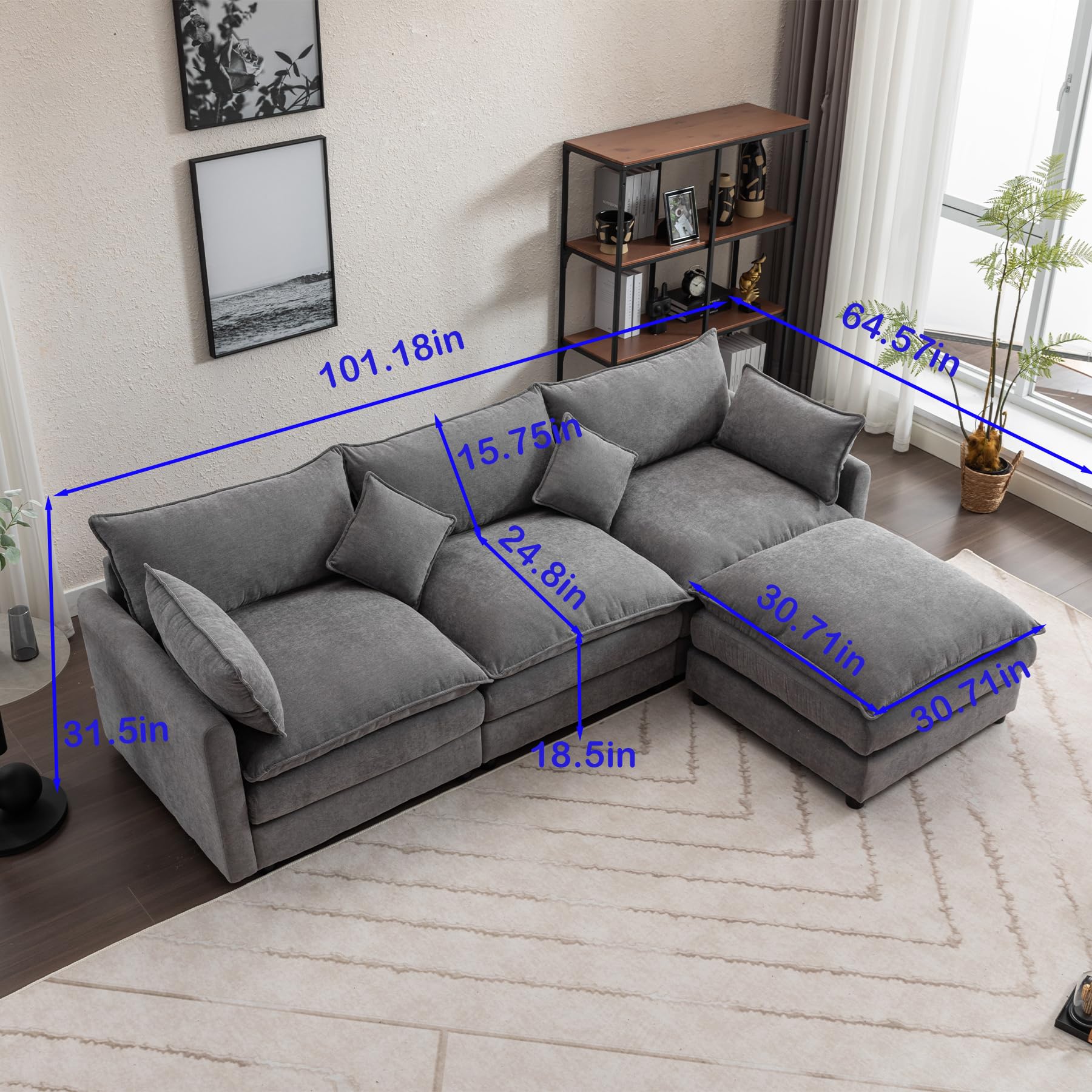 Dolonm L Shaped Sofa Modern Grey Sectional Couches for Living Room Extra Large Cloud Couch 3 Seater Upholstered Sofa with Ottoman, 101 Inch Wide