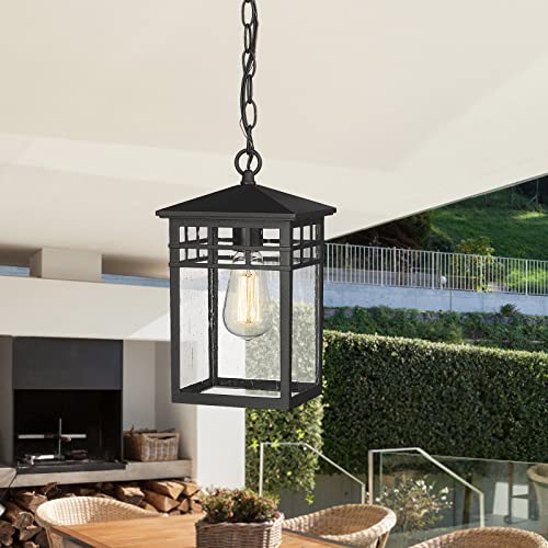 Diyel Outdoor Pendant Light Lanterns for Front Porch, Black Exterior Hanging Light Fixtures with Seeded Glass Shade for Patio, Entryway, Garage, Gazebo, RZ009-H BK