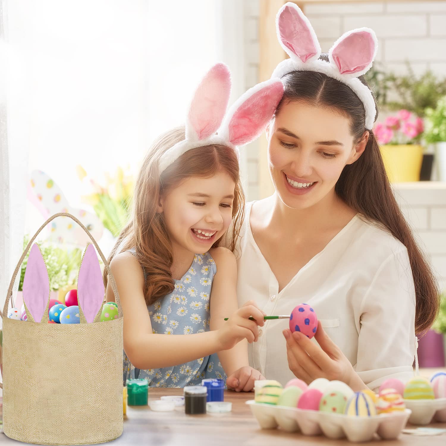 Doxrmuru Easter Bunny Basket Egg Bags for Kids Candy Egg Basket Rabbit Print Buckets with Fluffy Tail Gifts Bags (Pink)