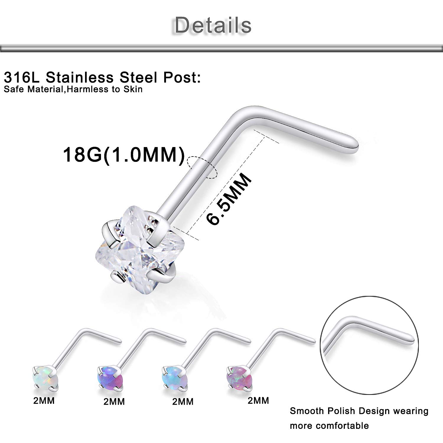 Yaalozei 18G Nose Rings Studs for Women Silver Nose Piercing Studs Surgical Stainless Steel L Shaped Opal Hypoallergenic Cute Small Nose Nostril Ring Stud Body Piercing Jewelry for Men CZ 2MM