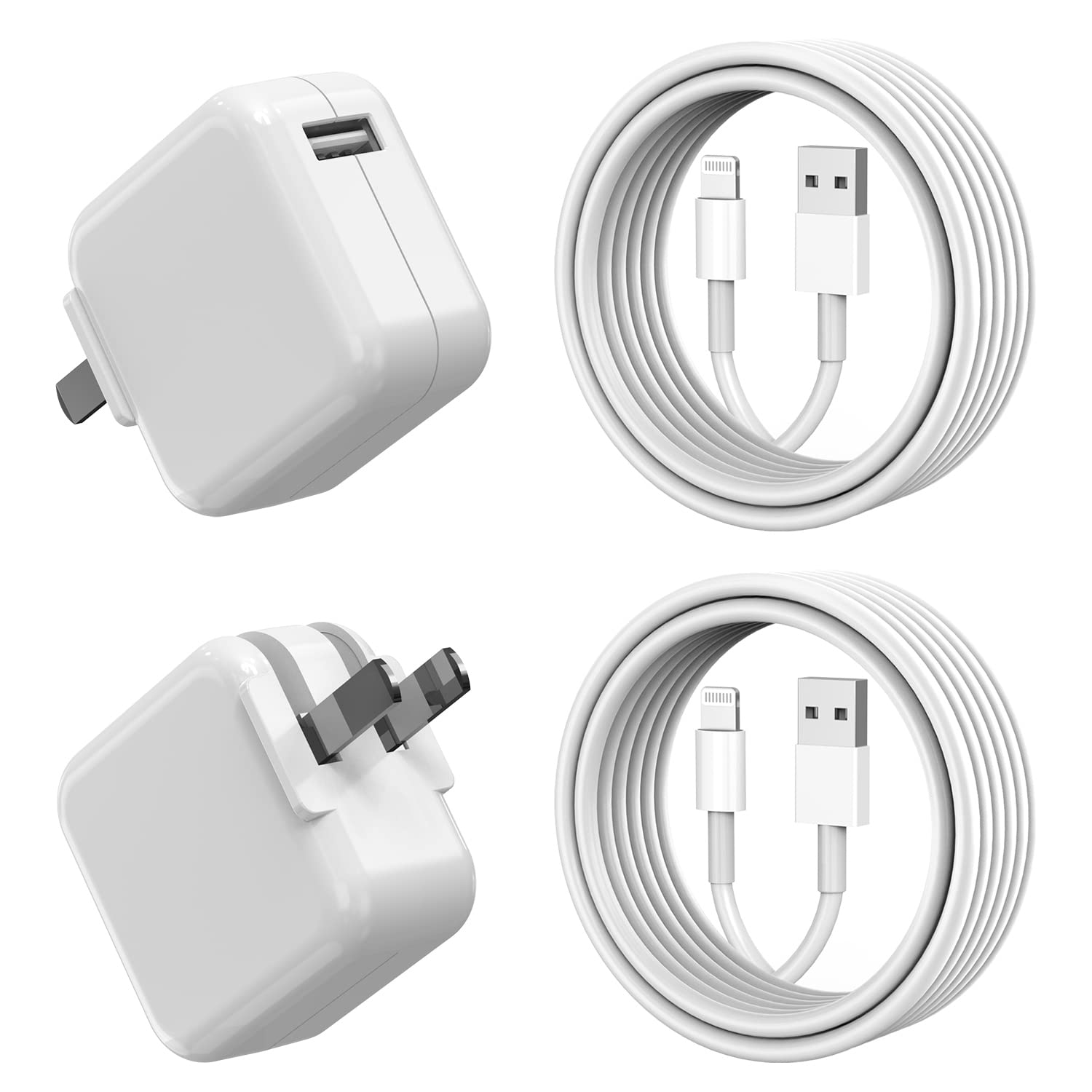 iPad Charger iPhone Charger, 2-Pack ćApple MFi Certifiedć 12W Charger iPad Foldable Portable Travel Plug with 3.3FT Lightning Cable Compatible with iPhone, iPad, iPad Mini 1/2/3/4/5, iPad Air 1/2/3