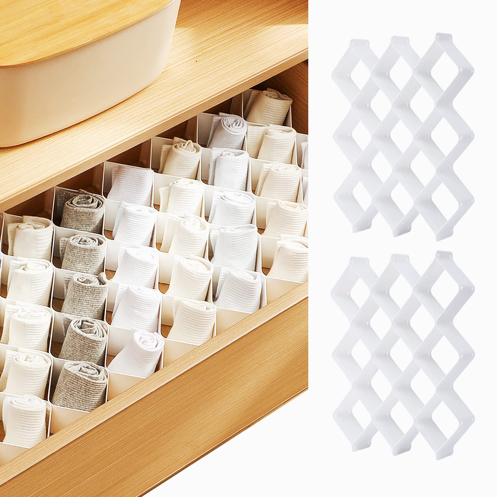 ROUFA Drawer Dividers Organizers, Plastic Drawers Organizer for Panties and Bras, Honeycomb Drawer Separator for Socks, Leggings, Belt and Scarf (2 Sets of White)