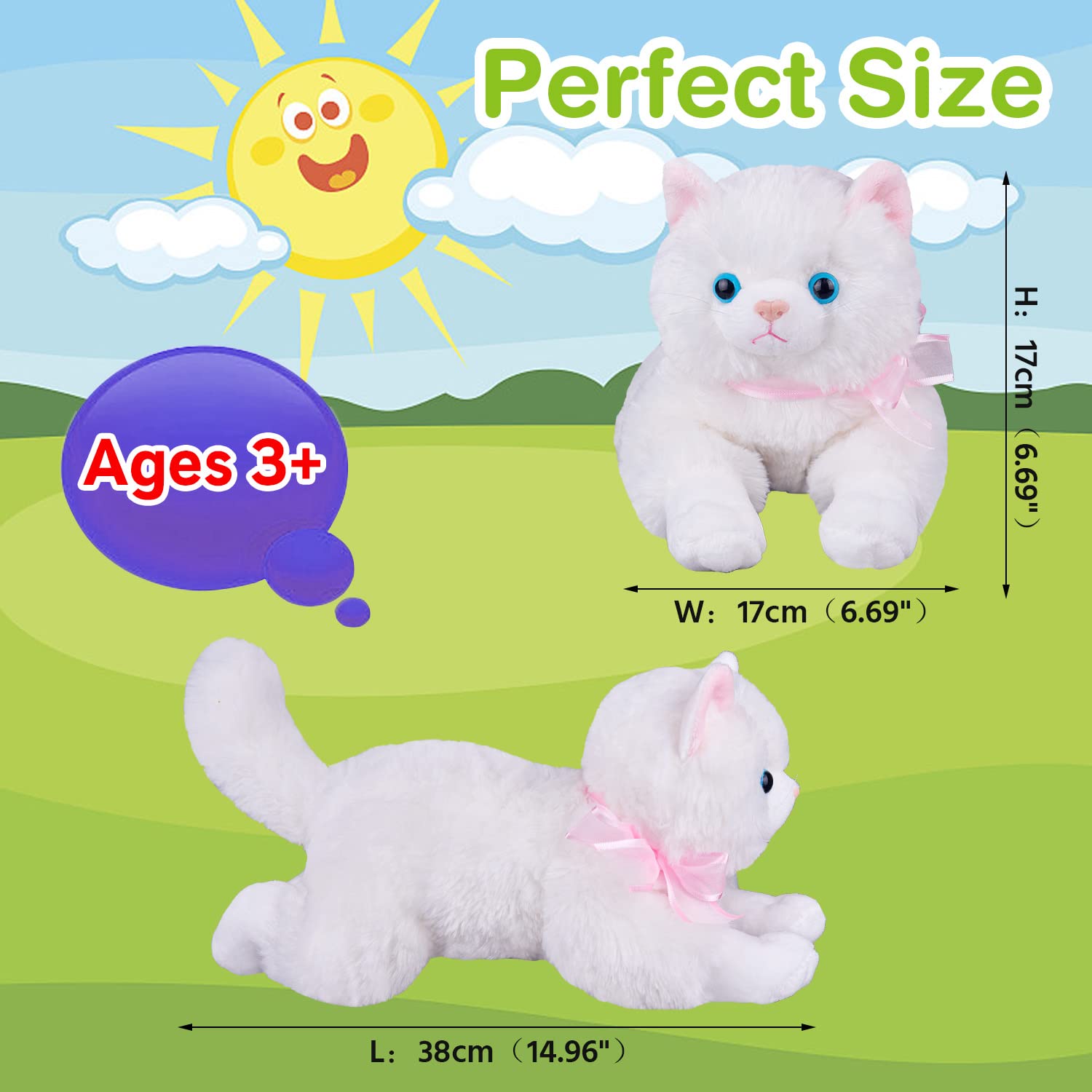 Plush Cat Stuffed Animal White Cat Realistic Toy Super Soft Kitten Cuddly Pet Kitty Fluffy Soothing Hugging Sleeping Birthday Christmas Children's Day Gift for Kid 14.96"