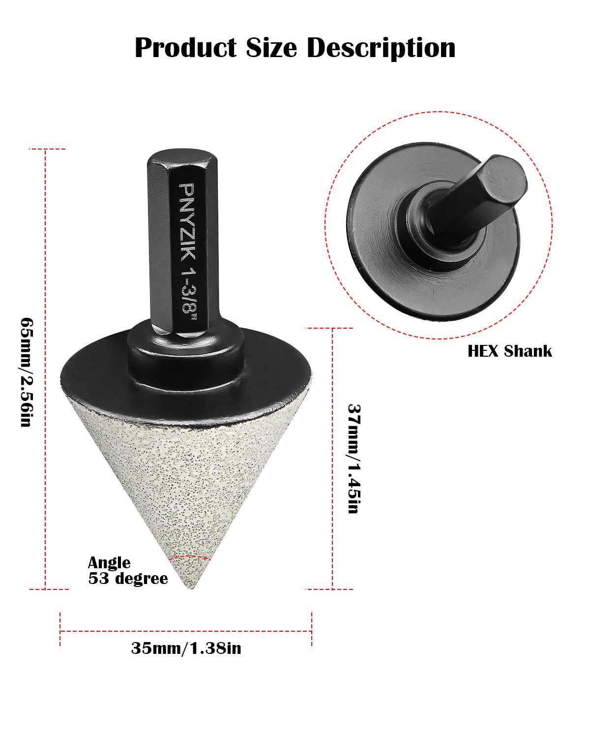 Diamond Beveling Chamfer Bit, 1-3/8 Inch (35mm) Hex Shank Diamond Countersink Drill Bits for Existing Hole Trimming Finishing Enlarging, Diamond Cone Tile Bit for Marble Ceramic Granite