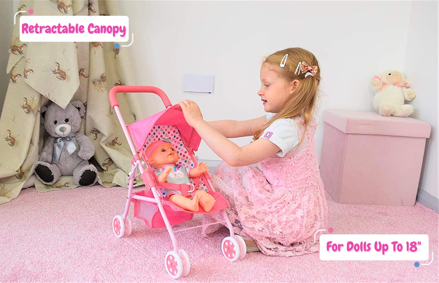 KOOKAMUNGA KIDS Baby Doll Stroller | Easy Fold Pram | with Retractable Canopy, Storage Basket, Doll Safety Harness and Comfort Grip Handlebar (Pink Unicorn)