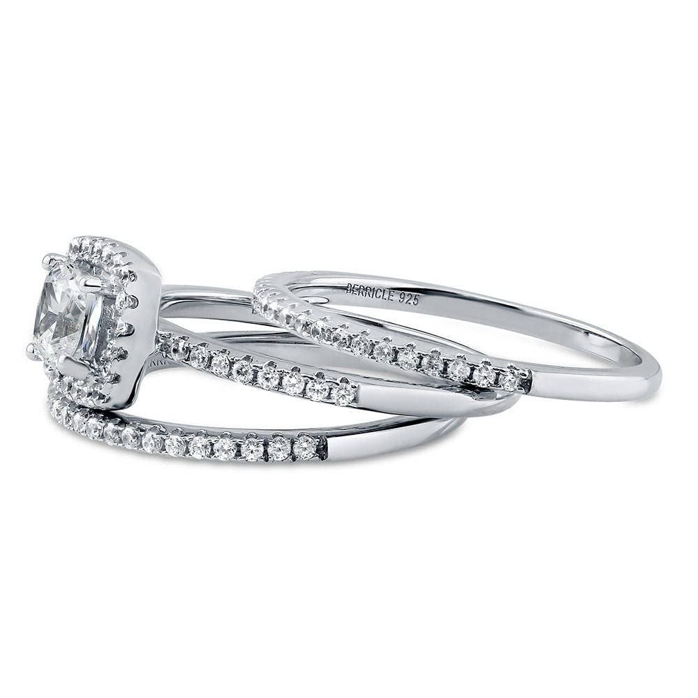 BERRICLE Sterling Silver Halo Wedding Engagement Rings Cushion Cut Cubic Zirconia CZ Ring Set for Women, Rhodium Plated Size 7