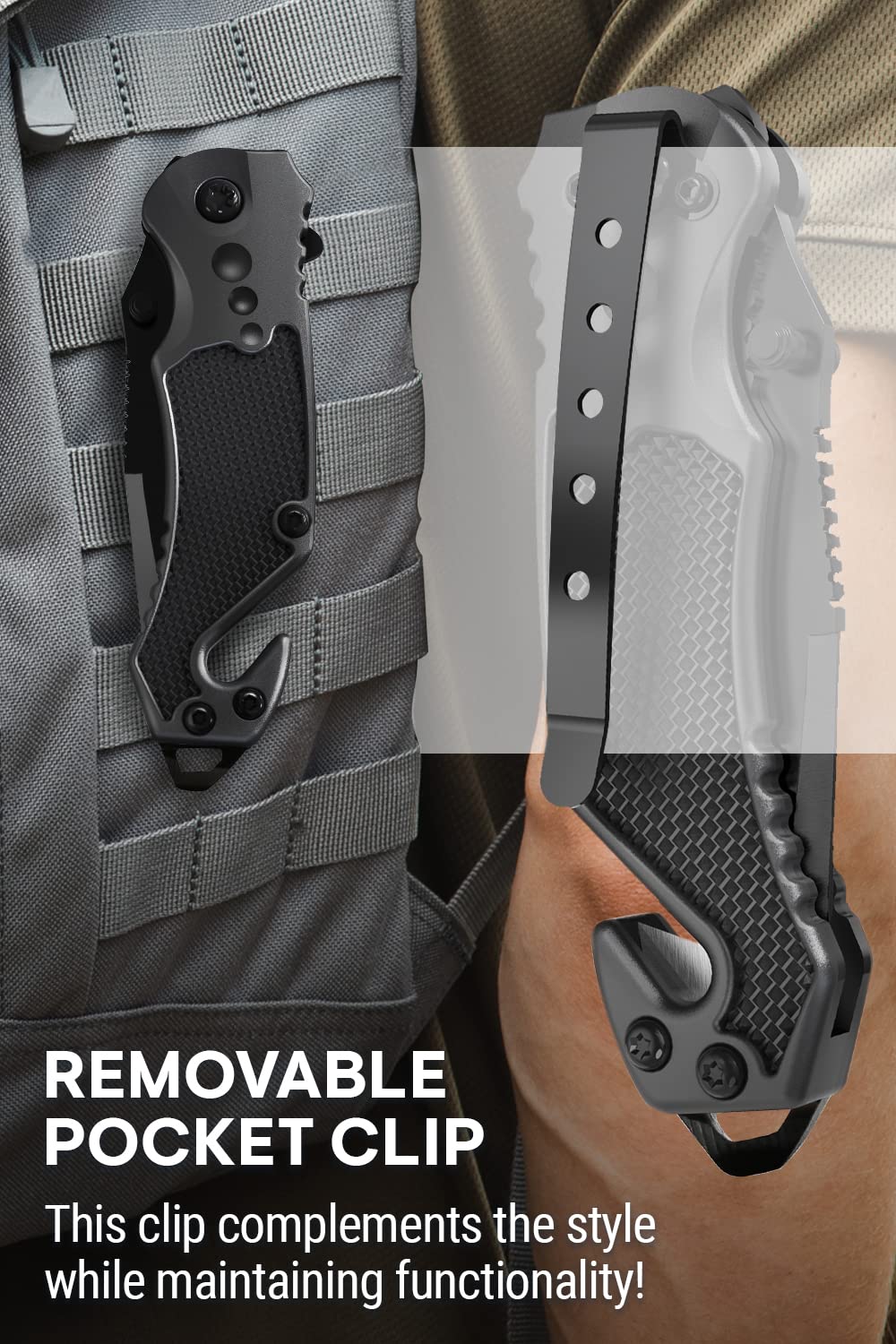 Bundle of 2 Items - 2,95β Serrated Blade Pocket Knife - Black Folding Knife with Glass Breaker and Seatbelt Cutter - Small EDC Knife - Dull Not-Sharp Blade - Skeleton Dull Trick Butterfly Knifes