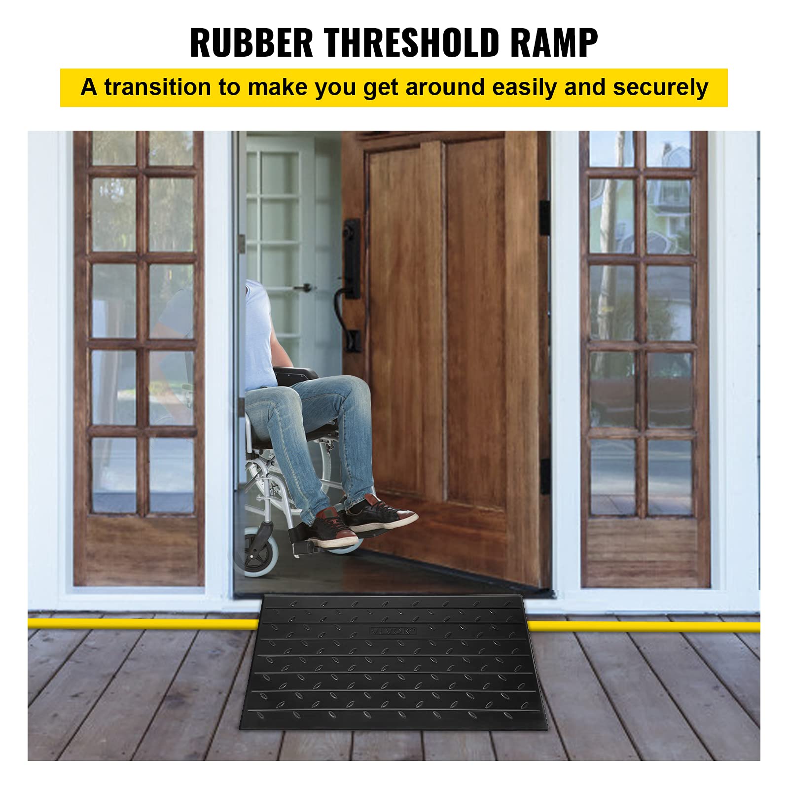 VEVOR , 2.6" Rise threshold ramp Doorway, 3 Channels Cord Cover Rubber Solid, Rubber Angled Entry Rated 2200Lbs Load Capacity for Wheelchair and Scooter