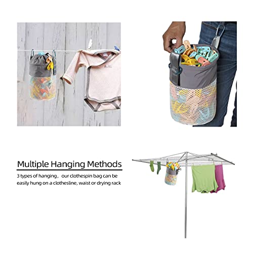 KOOZTI Mesh Clothespin Bag for Clothesline Outdoor, Clothes Pin Bag with Shoulder Straps, Drawstring Closure, Ventilated and Moisture Resistant, Large Capacity Laundry Clothespin Storage Bag with Hook