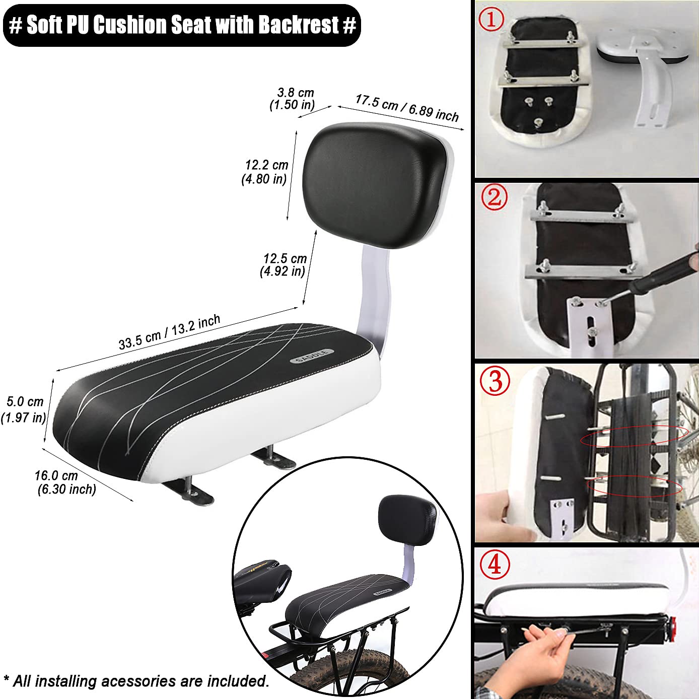 CenterZ Bike Rear Seat Cushion with Safety Backrest + Backseat Armrest Handrail + Foldable Hidden Bicycle Footrests + Handlebar Bell (Universal Cycling Kit with Installing Repairing Tools Set), White