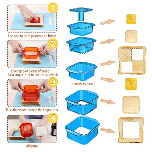 Moloudan Sandwich Cutter and Sealer, 6 Pcs/Set Uncrustables Food Grade Decruster Sandwich Maker for Kids DIY Lunch Lunchbox and Bento Box(Blue Square)
