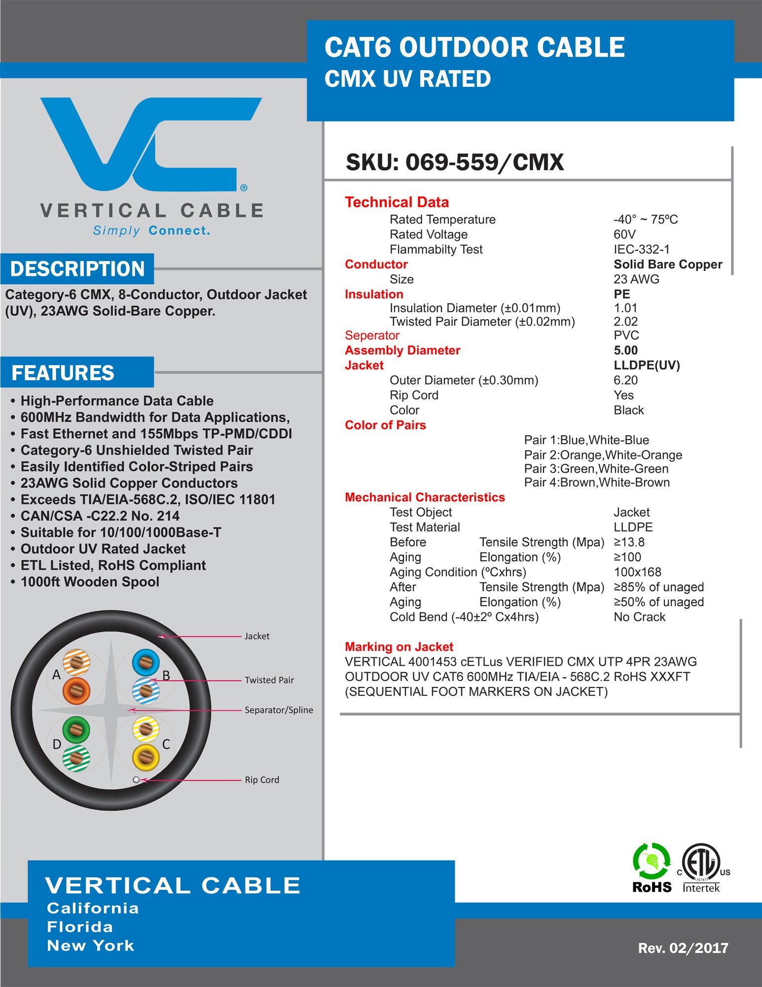 Vertical Cable Cat6, UTP, UV Jacket, Outdoor, CMX, 1000ft, Black, Bulk Ethernet Cable