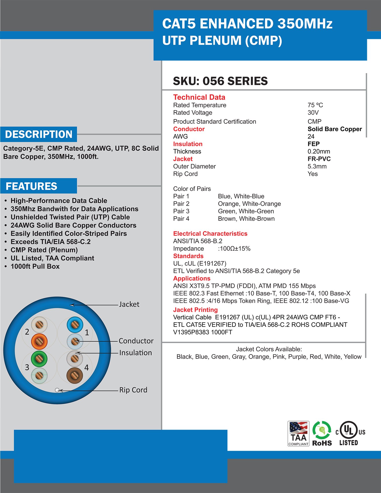 Vertical Cable CAT5E, 350 MHz, UTP, 24AWG, 8C Solid Bare Copper, Plenum, 1000ft, Blue, Bulk Ethernet Cable