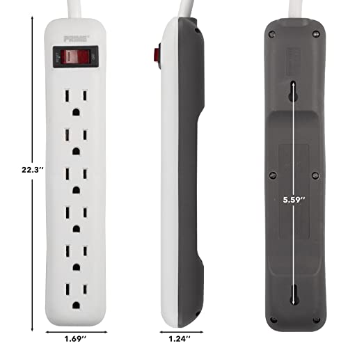 Clear Power 6 Outlet Power Strip 3 ft Power Cord, Low-Profile Flat Plug, 3-Prong Grounded, White, 15 Amp Circuit Breaker, 2 Pack, DC3S-00222P-DC