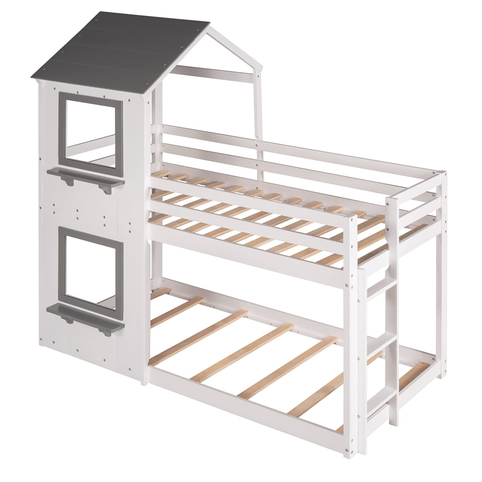 House Bunk Beds, Twin Over Twin Bunk Bed Wooden Floor Bunk Bed Frame for Kids/Teens/Girls/Boys, White
