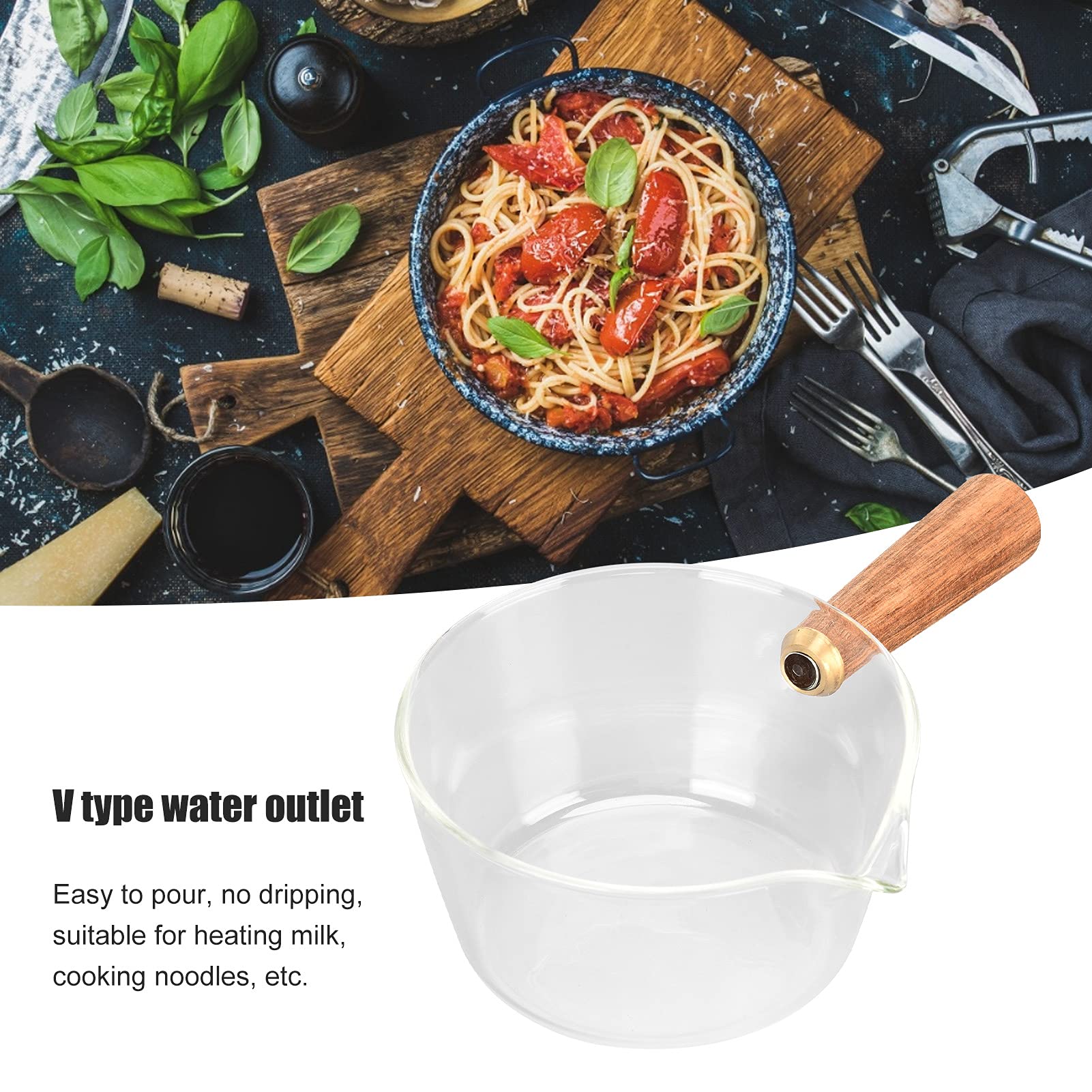 Glass Milk Pot with Wooden Handle, Small Saucepan with V Shaped Spout, Exquisite Workmanship Milk Boiling Pot Multifunction Cooking Utensil for Hot Milk, Salads, Noodles (Small)