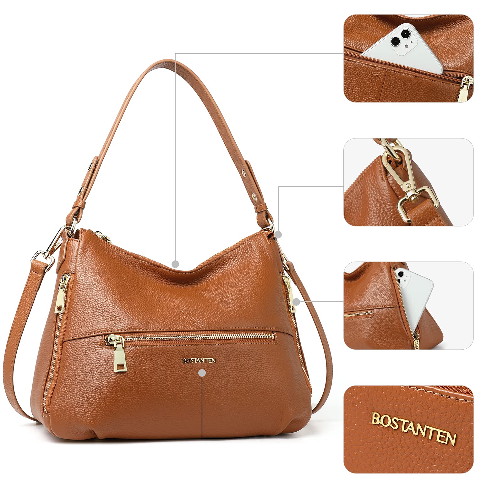 BOSTANTEN Women Handbags Leather Purses Designer Crossbody Shoulder Hobo Bags Brown