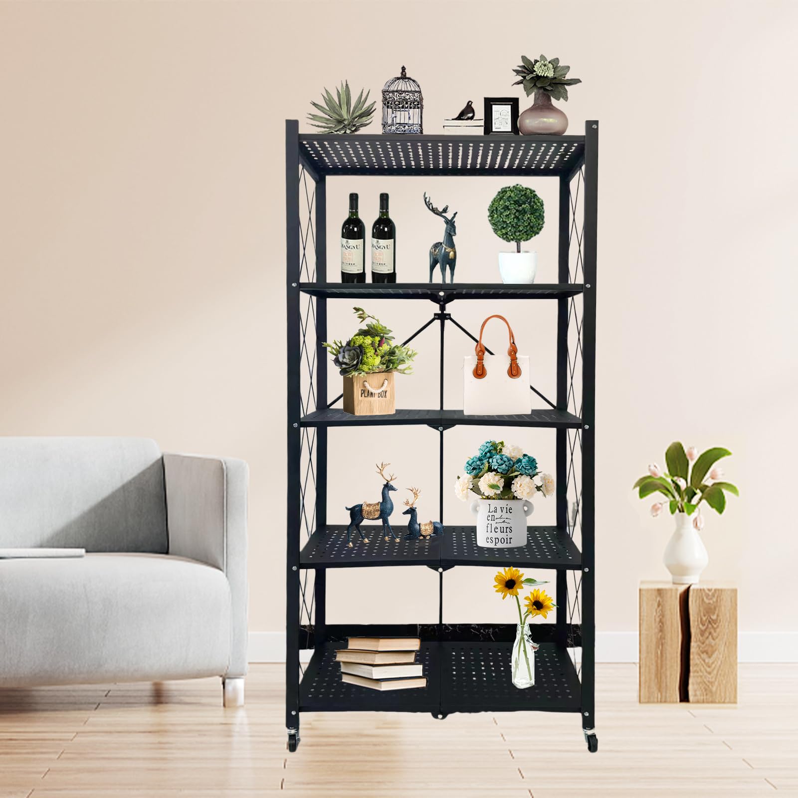 ExGizmo Storage Shelves,5-Shelf Foldable Metal Garage Shelveing with 4 Wheels,Large Capacity Shelving Unit,No Assembly Organizer Rack,Movable Storage Rack for Room,Kitchen,Grocery Room (Black)