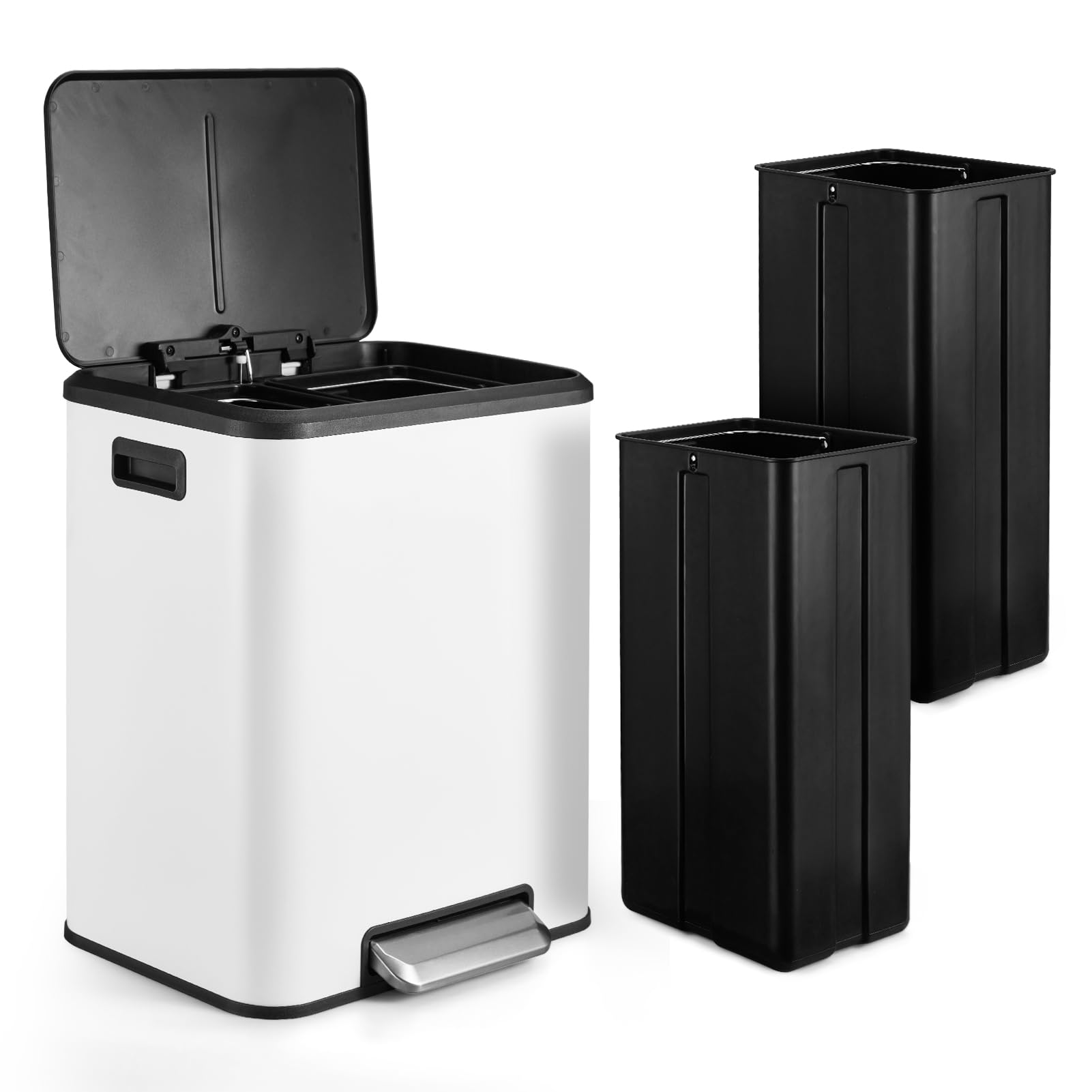 WELYFE 30 L/8 Gallon Trash Can, Rectangular Dual Compartment Recycling Step Bin, Stainless Steel Kitchen Trash Can, Removable Inner Box, Suitable for Kitchen, Office - White