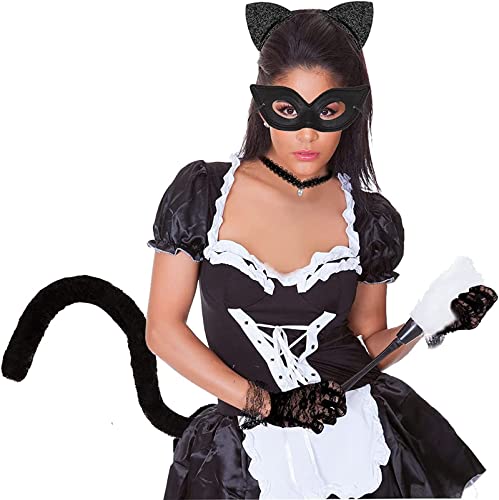 FUEAWIM Black Cat Costume Cat Ears Tail and Masquerade Eye Cover for Women Girls Halloween Cosplay Accessory