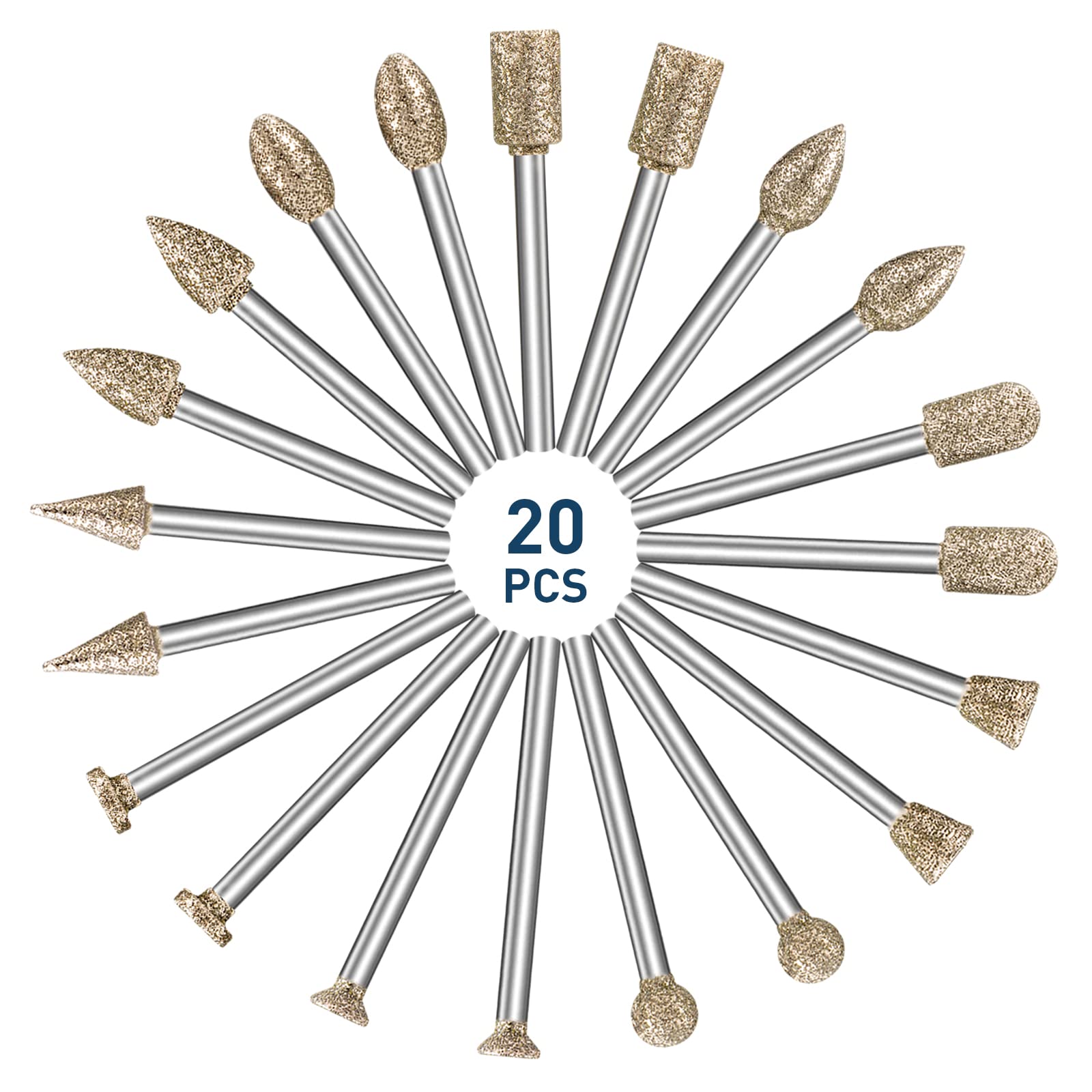 Diamond Grinding Burr Bit Set,20Pcs Rotary Tool Accessories Stone Carving Set with 1/8 inch Shank for Stone Ceramic Glass Carving, Grinding, Polishing, Engraving, Sanding