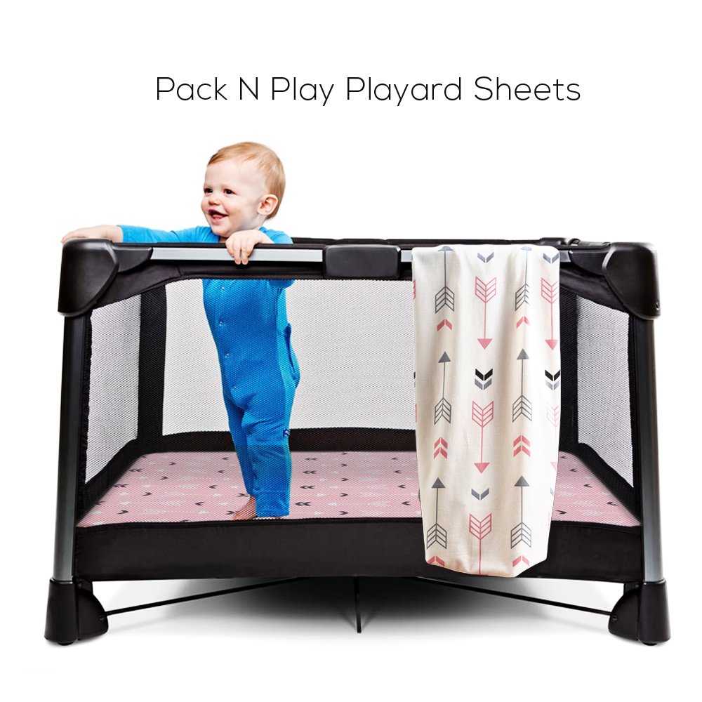 Stretchy Fitted Pack n Play Playard Sheet Set BROLEX 2 Pack Portable Mini Crib Sheets,Convertible Playard Mattress Cover,Ultra Soft Material,Pink White Arrow