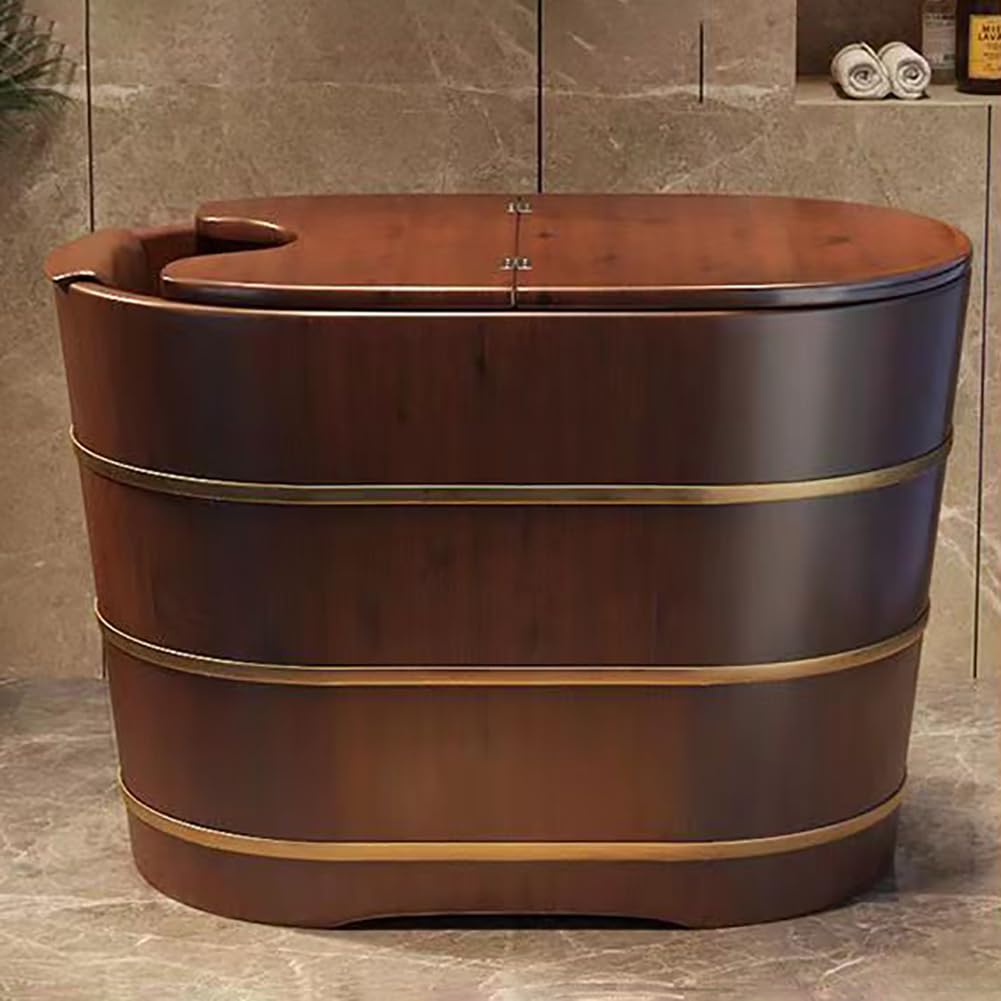MegLob Free Standing Cedar Wood Bathtub, Luxurious Wooden Deep Soaking Tub Alone Stand Kit, Soaking SPA Tub Classic Stand with Insulation Cover, Oval Shape Solid Wood Bathtub Lit,100cm/39.37"