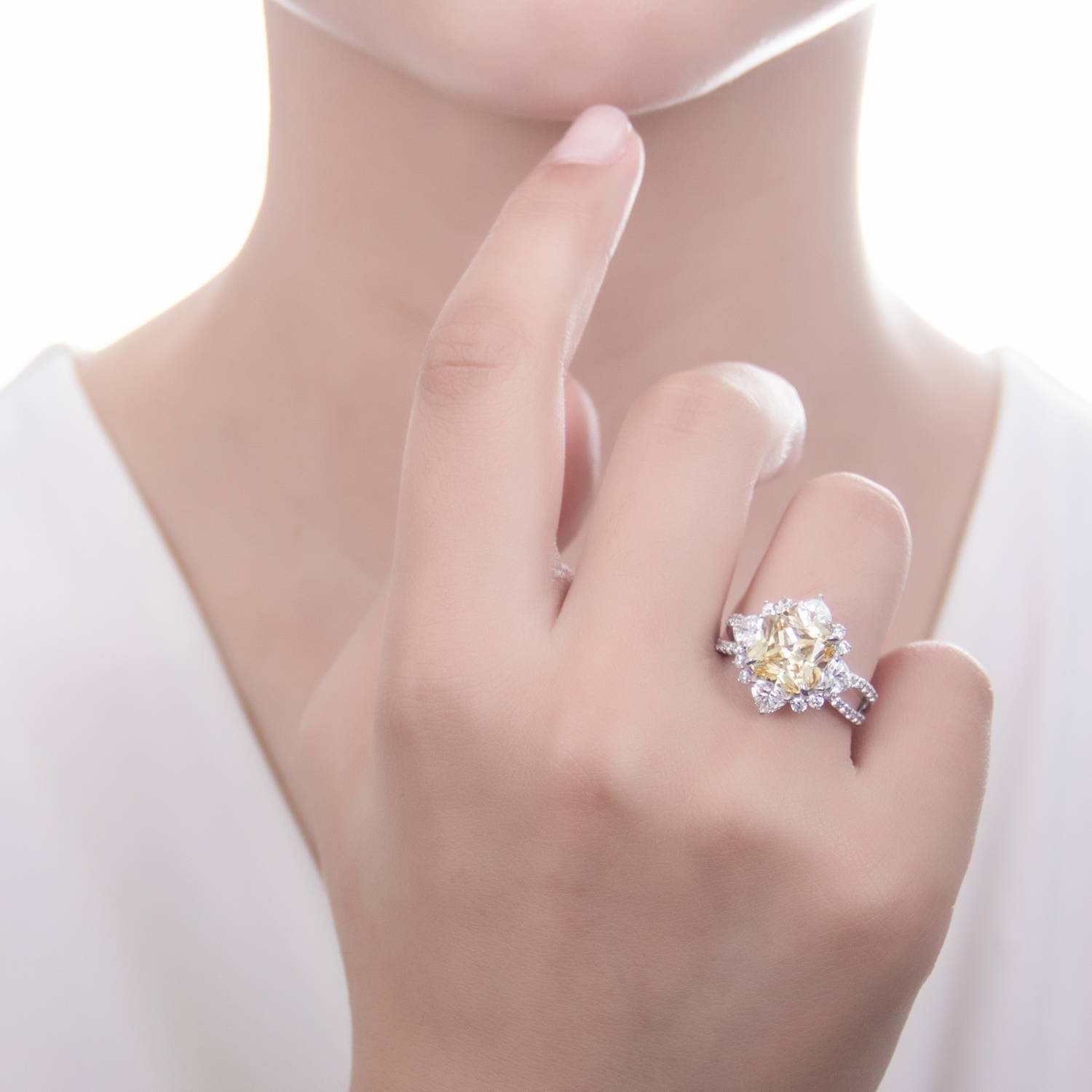 BERRICLE Sterling Silver Halo Canary Yellow Cushion Cut Cubic Zirconia CZ Statement Flower Cocktail Fashion Split Shank Ring for Women, Rhodium Plated Size 7