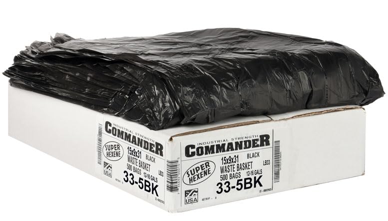 Commander 12-16 Gallon 0.4 MIL Black Heavy Duty Garbage Bags - 24" x 31" - Pack of 500 - for Contractor, Janitorial, Industrial, & Commercial