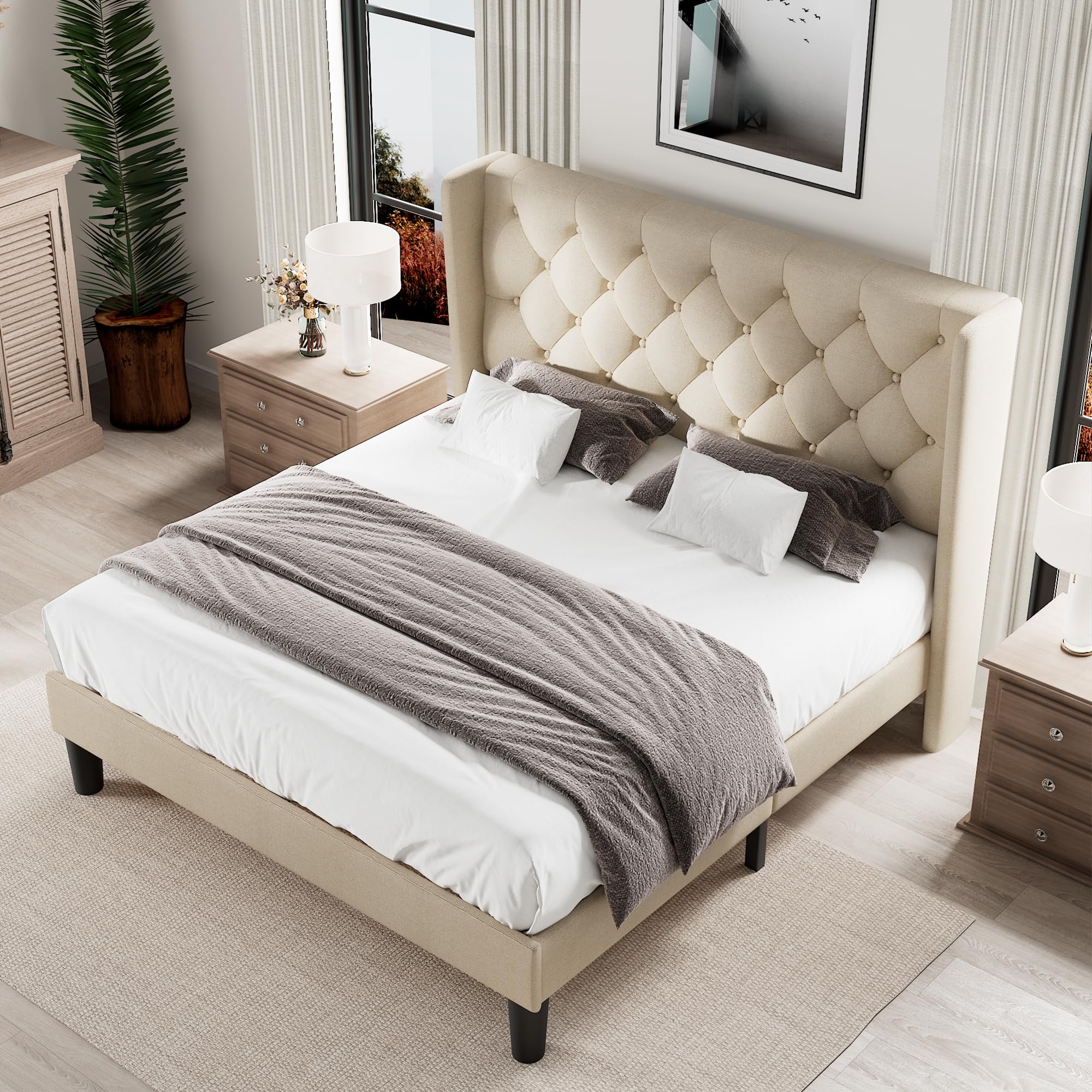 Einhomn Upholstered Queen Bed Frame with Wingback Headboard, Heavy Duty Bed Frame Queen Size, 8" Under Bed Storage, No Box Spring Needed, Easy Assembly, Beige