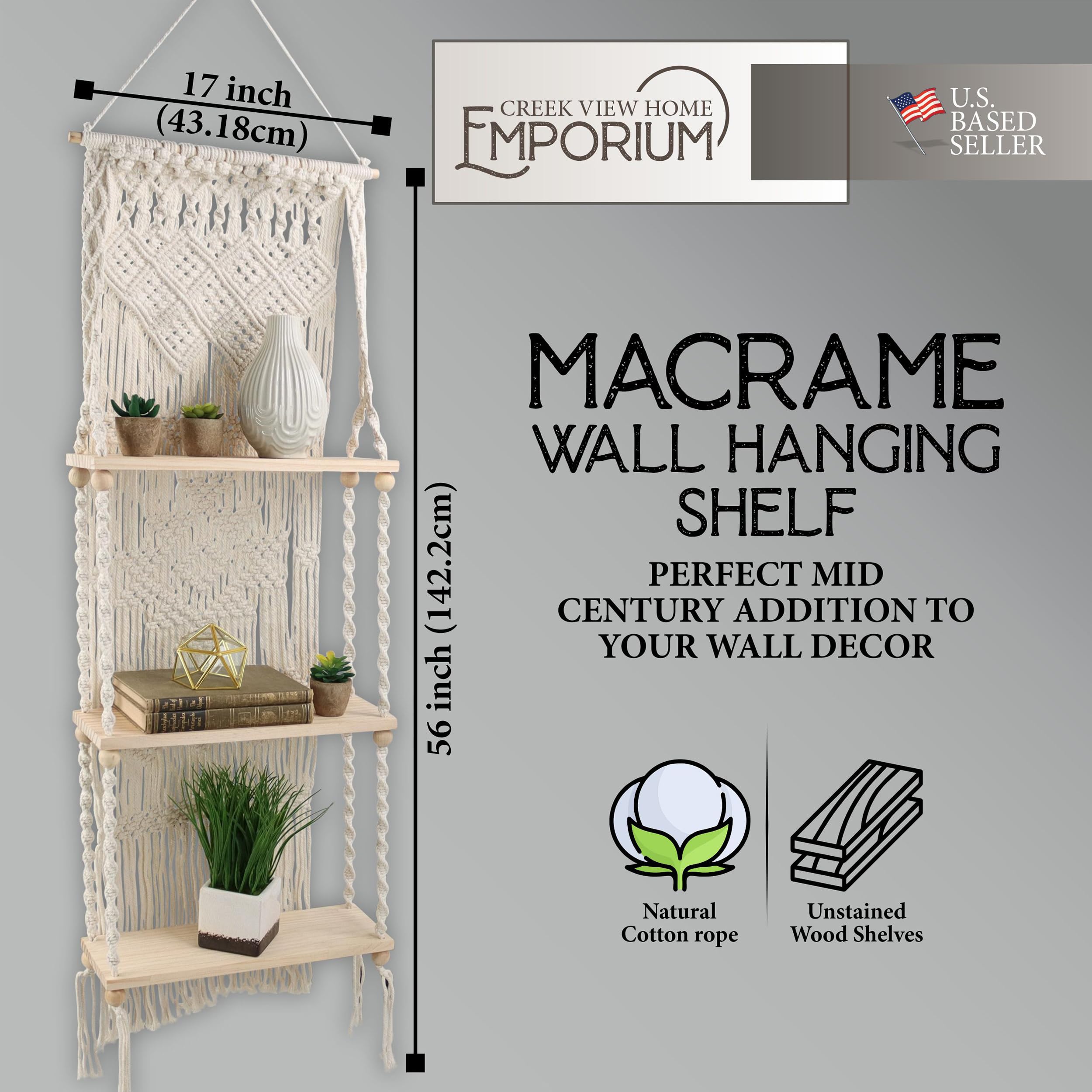 Creekview Home Emporium Hanging Plant Shelf Indoor Boho Decor - 3 Tier Macrame Shelf Wall Hanging Decor - Rope Boho Wall Art Wooden Floating Bookshelf for Kitchen, Bathroom or Bedroom