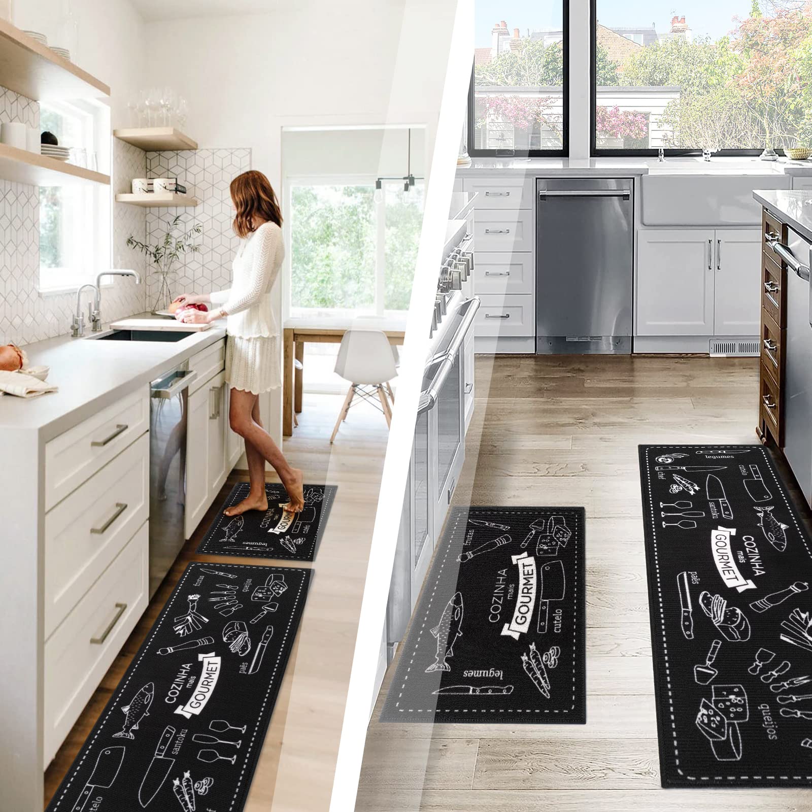 Carvapet 2 Piece Non-Slip Kitchen Mat Rubber Backing Doormat Runner Rug Set, Cozinha Design (Navy Blue 15"x47"+15"x23")