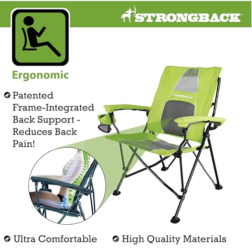 STRONGBACK Elite 2.0 Adult Camping Chair with Lumbar Support and Carry Bag, Lime Green/Grey