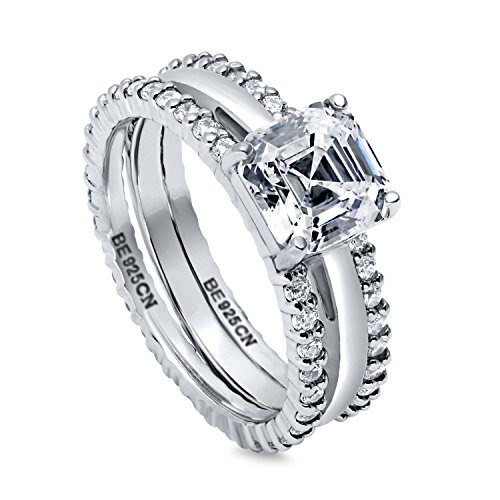 BERRICLE Sterling Silver Solitaire Wedding Engagement Rings 2 Carat Asscher Cut Cubic Zirconia CZ Ring Set for Women, Rhodium Plated Size 6