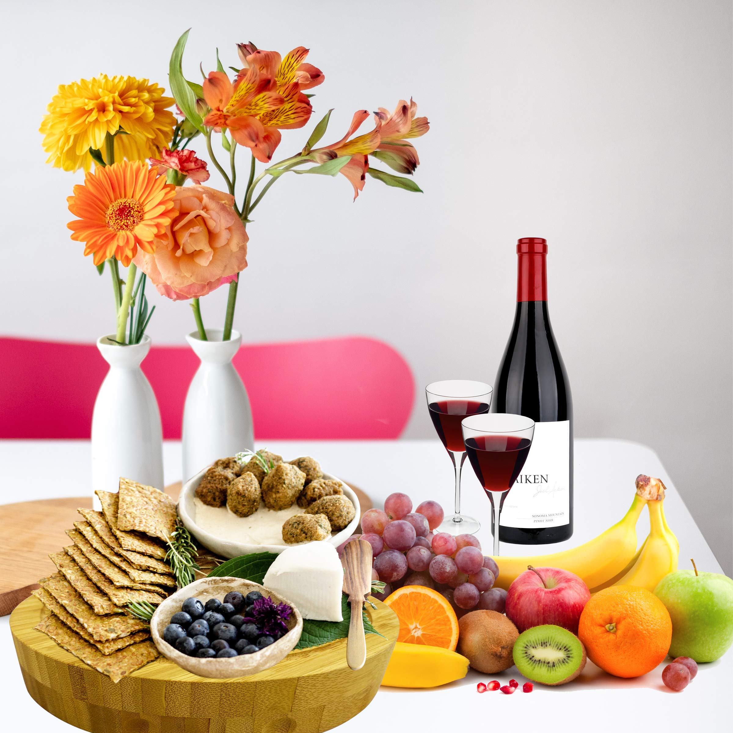 Cheese Board with Cheese Tools Round Cutlery Set Bamboo Charcuterie Board Set With 4 Knives Comes with Slide Out Drawer Platter Serving Tray Durable Best Gift for Wedding Birthday Housewarming (20)