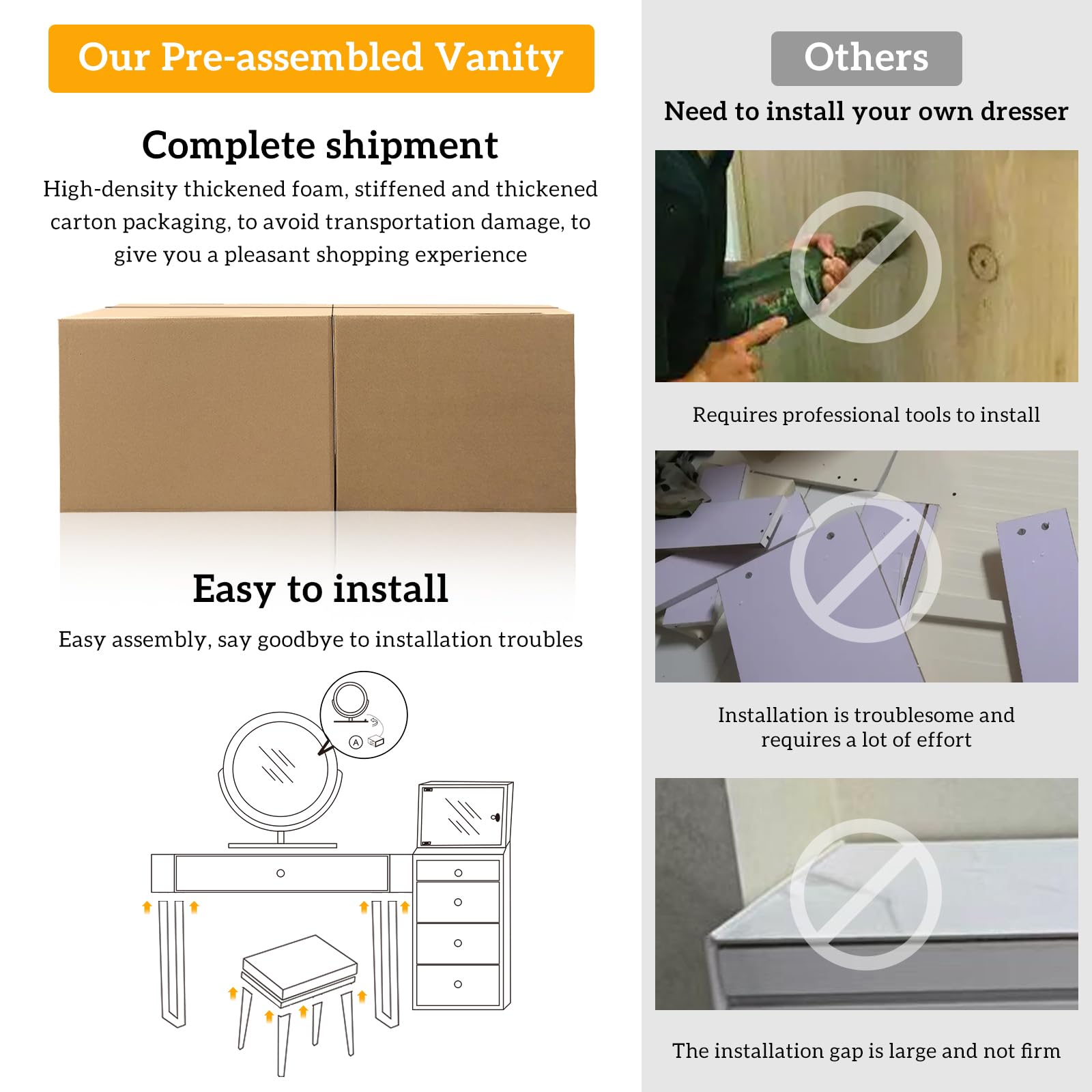 GrxGry Vanity Table Set, Premium Solid Wood Vanity Desk with Multi-Plug Outlet, Desktop Cabinet for Large Bottles, HD Smart Mirror, Multi-Depth Side Drawers for Various Sized Objects (Khaki-51IN)