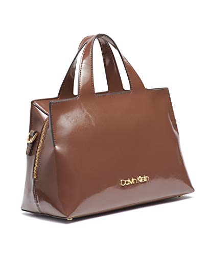 Calvin Klein Neat Glazed Patent Statement Satchel, Walnut