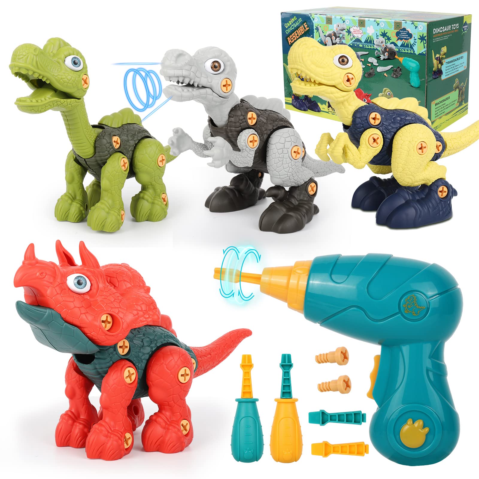 Rabing Dinosaur Toys for Boys 3 4 5 Years Old, Take Apart Dinosaur Building Toys with Electric Drill 4 Packs, Dinosaur Toys Set Educational STEM Gift Toy for Kids Boys Girls 3+ Years Old
