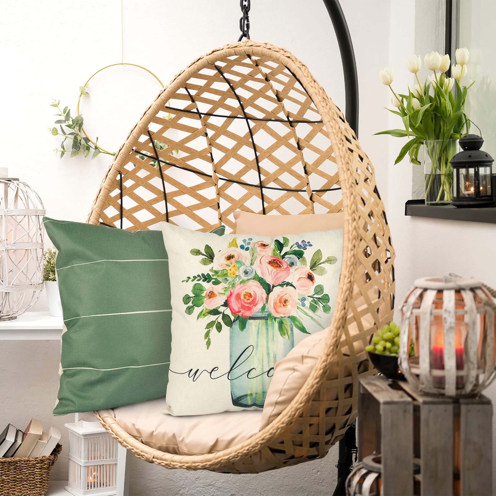 YGEOMER 18x18 Spring Pillow Covers, Set of 4 Pillow Covers, Spring Summer Farmhouse Outdoor Pillow Covers Green Garden Linen Cushion Case for Home Decor