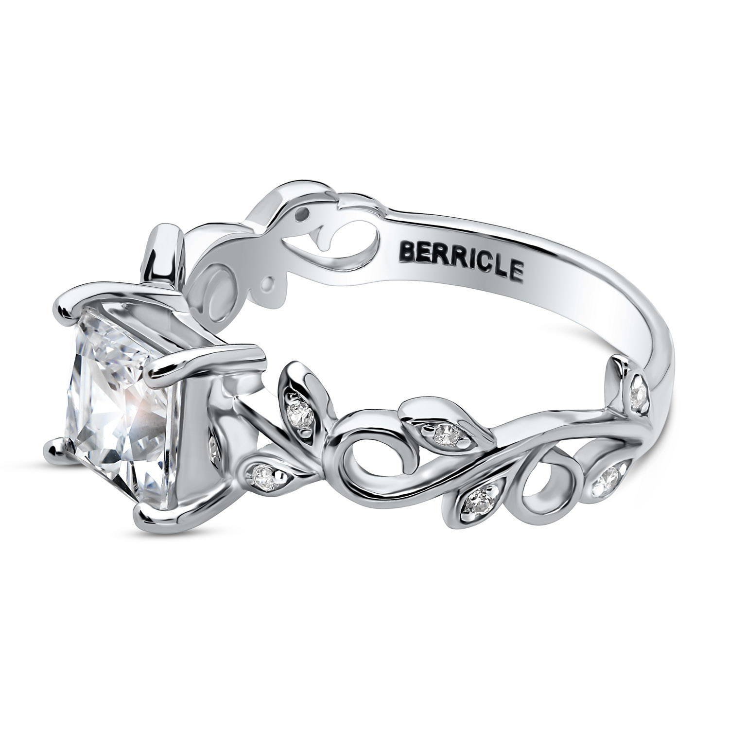 BERRICLE Sterling Silver Solitaire Wedding Engagement Rings 1.2 Carat Princess Cut Cubic Zirconia CZ Leaf Promise Ring for Women, Rhodium Plated Size 4.5