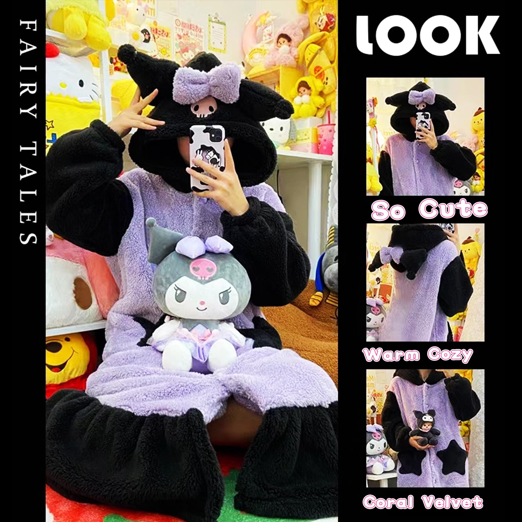 Cartoon Pajamas Girl Warm Plush Sleepwear Robe Button Bathrobe Halloween Christmas Cosplay Clothes