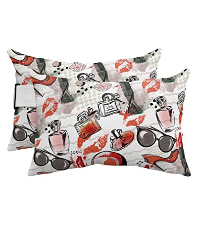 HilariousM Modern Lady Outdoor Pillows for Chaise Lounge Chair, Perfume Lipstick High Heels Waterproof Lumbar Head Support Pillow with Adjustable Elastic Band for Pool Patio Furniture Decorative