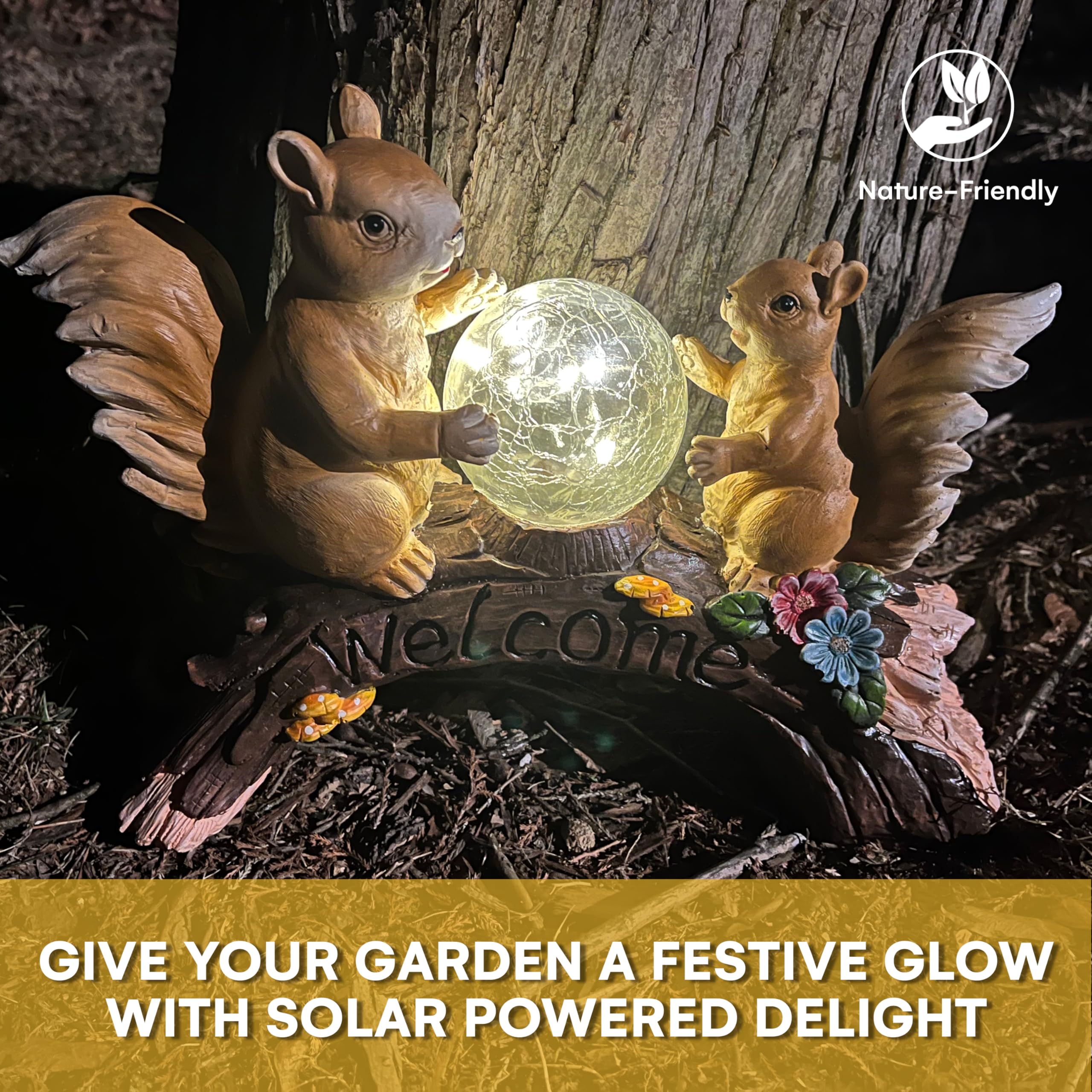 VP Home Enchanted Welcome Squirrels Solar Powered LED Outdoor Decor Garden Light with Crackled Glass Globe Welcome Squirrel Statues Outdoor Bird Decor Figurine Decor for Outside Patio, Yard, Lawn
