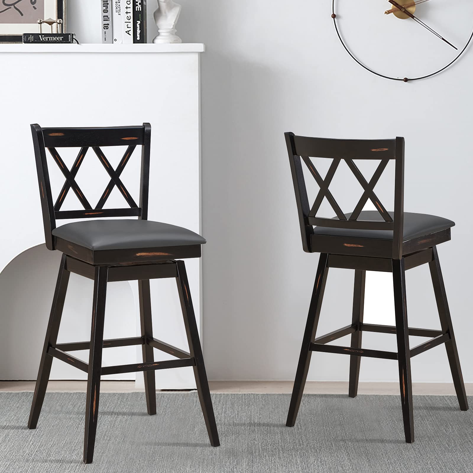 COSTWAY Bar Stool Set of 2, 360 °Swivel Counter Height 29.5 inch Bar Stool with Foot Rest Upholstered Cushion & Ergonomic Backrest, Premium Foot Rest & Sturdy Frame (4, Black + Grey)