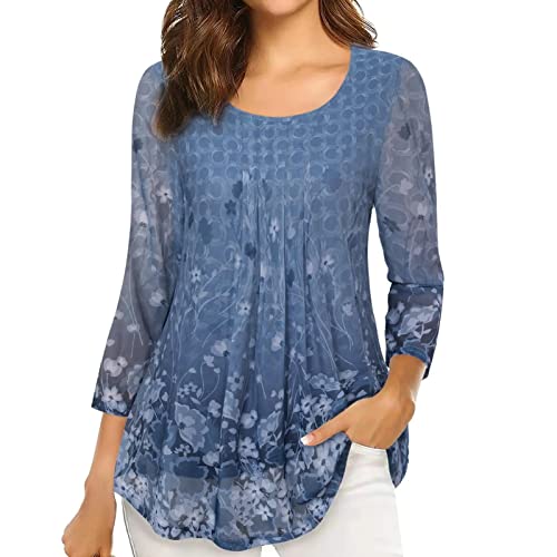 Camiseta con Estampado de Manga 3/4 para Mujer, Blusa holgada con Cuello Redondo, Camisetas, túnica moderna Suave,Blue,Small
