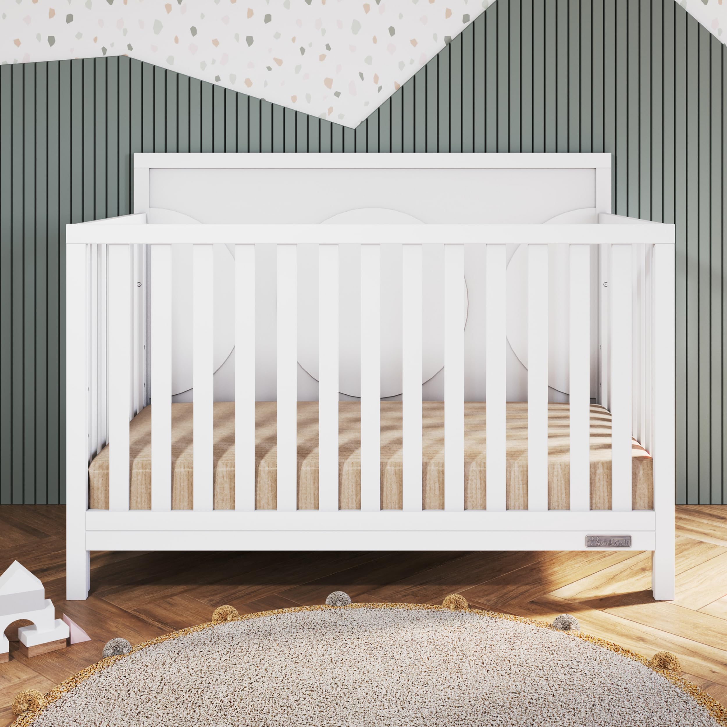Child Craft Orbit Crib, Dresser and Chest Nursery Set, 3-Piece, Includes 4-in-1 Convertible Crib, Dresser and Chest, Grows with Your Baby (Matte White)