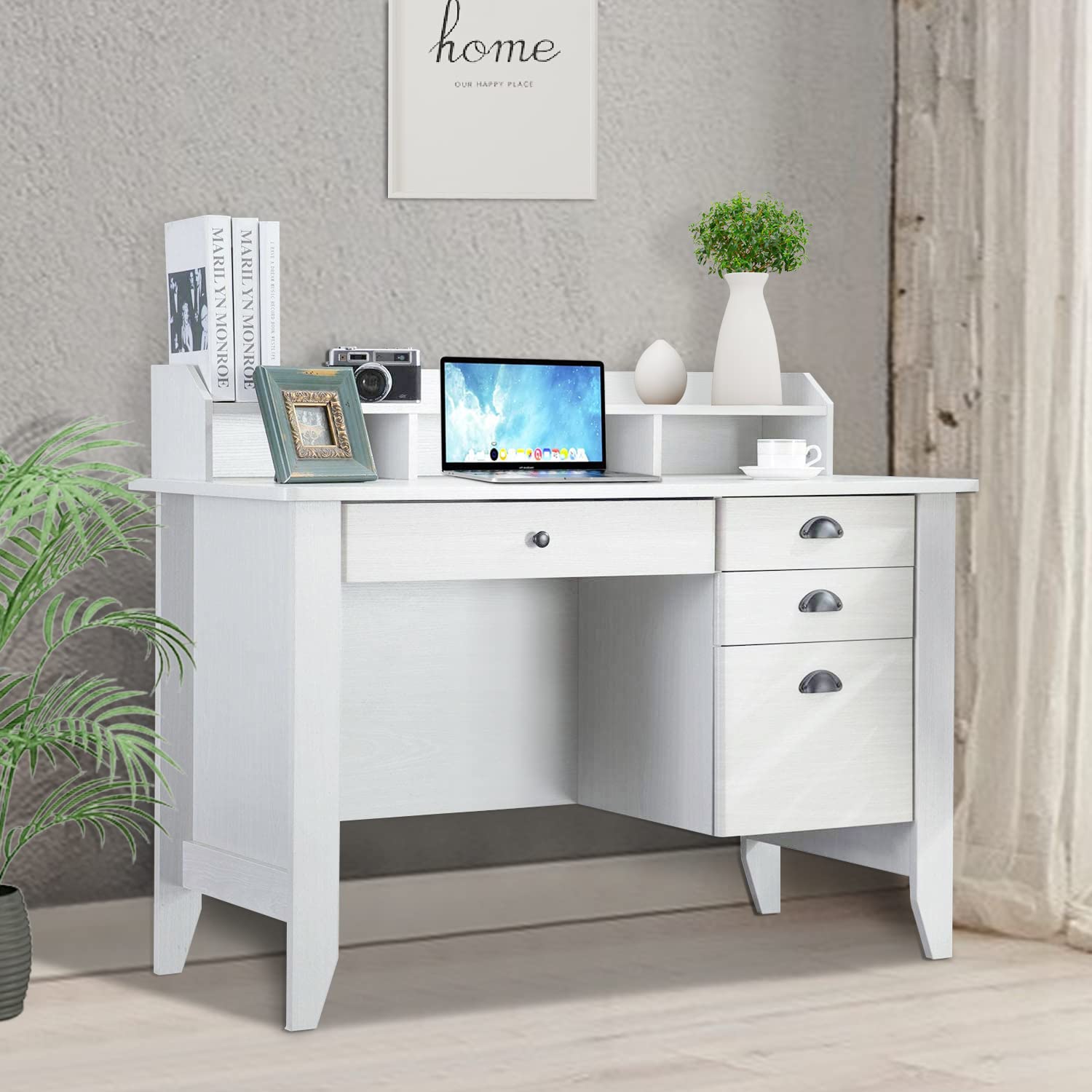 Catrimown Computer Desk with Drawers and Hutch, Vintage Wood Home Office Desk Writing Study Teens Student Desk PC Laptop Table, for Small Spaces, Black