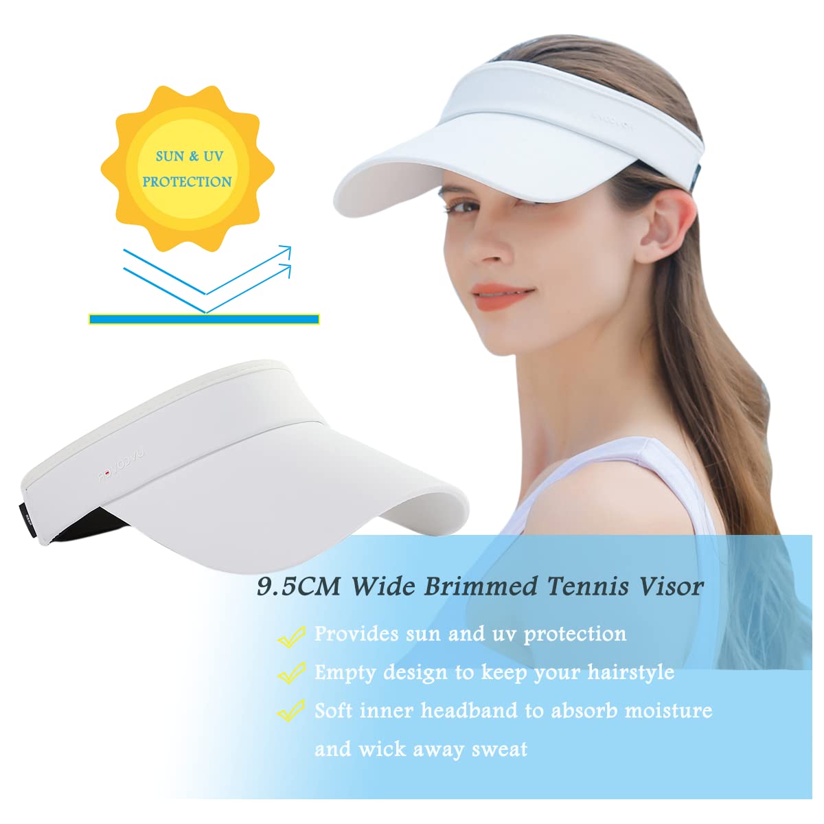 Breathable Tennis Visor for Women Sun Protection Hats Adjustable Golf Running Sport Cap Moisture Wicking White