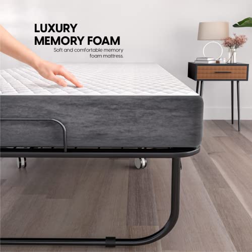 EconoHome Folding Bed with Mattress - 75x38 Twin Size Bed Frame - Portable Foldable Roll Away Adult Bed for Guest - 5-inch Thick, Memory Foam, Twin - Space Saving Fold Up Bed for Easy Storage