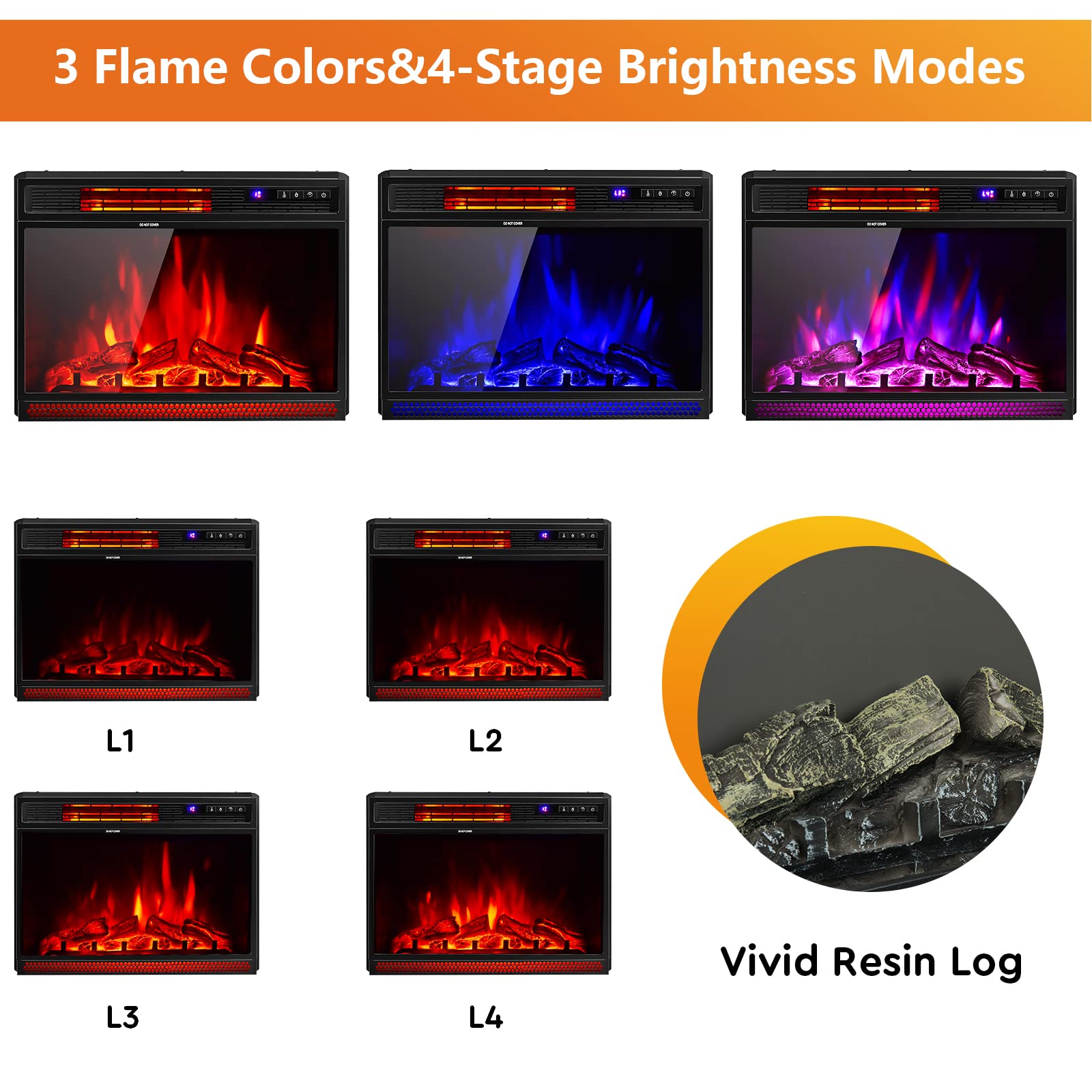COSTWAY Electric Fireplace Insert 25-Inch Wide, 900/1350W Recessed and Freestanding Heater with Remote Control, 3 Flame Colors, 4 Brightness, Adjustable Temperature, Electric Fireplace for Indoor Use